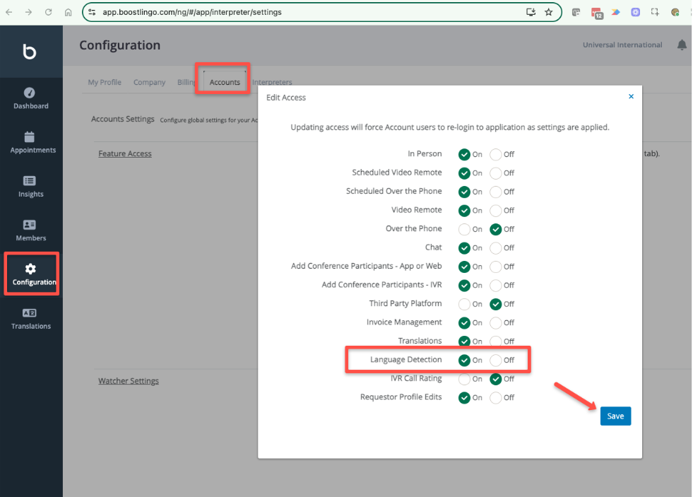 Configuring Account Access - AI Language Detection – Boostlingo